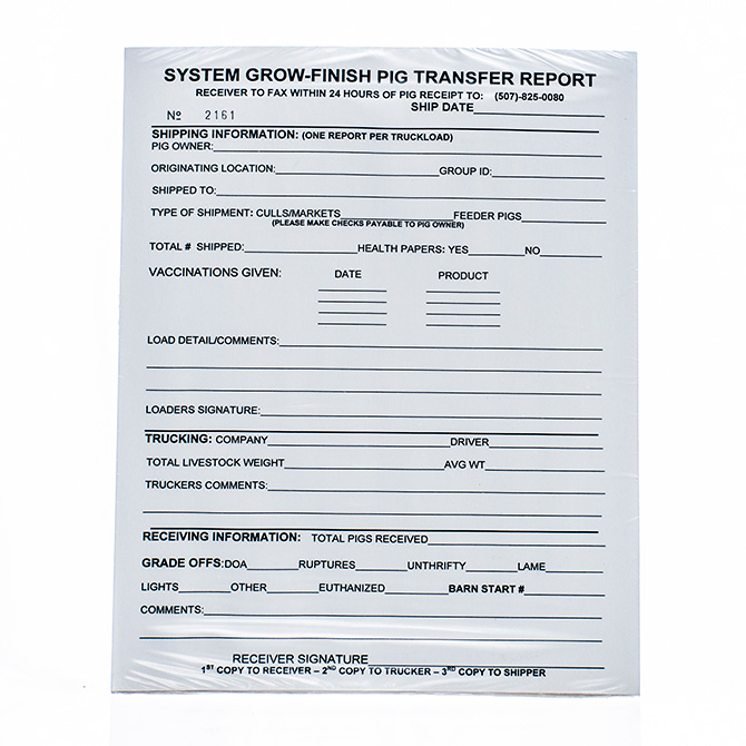 PIG TRANSFER SHEET, SGF-PKG 20